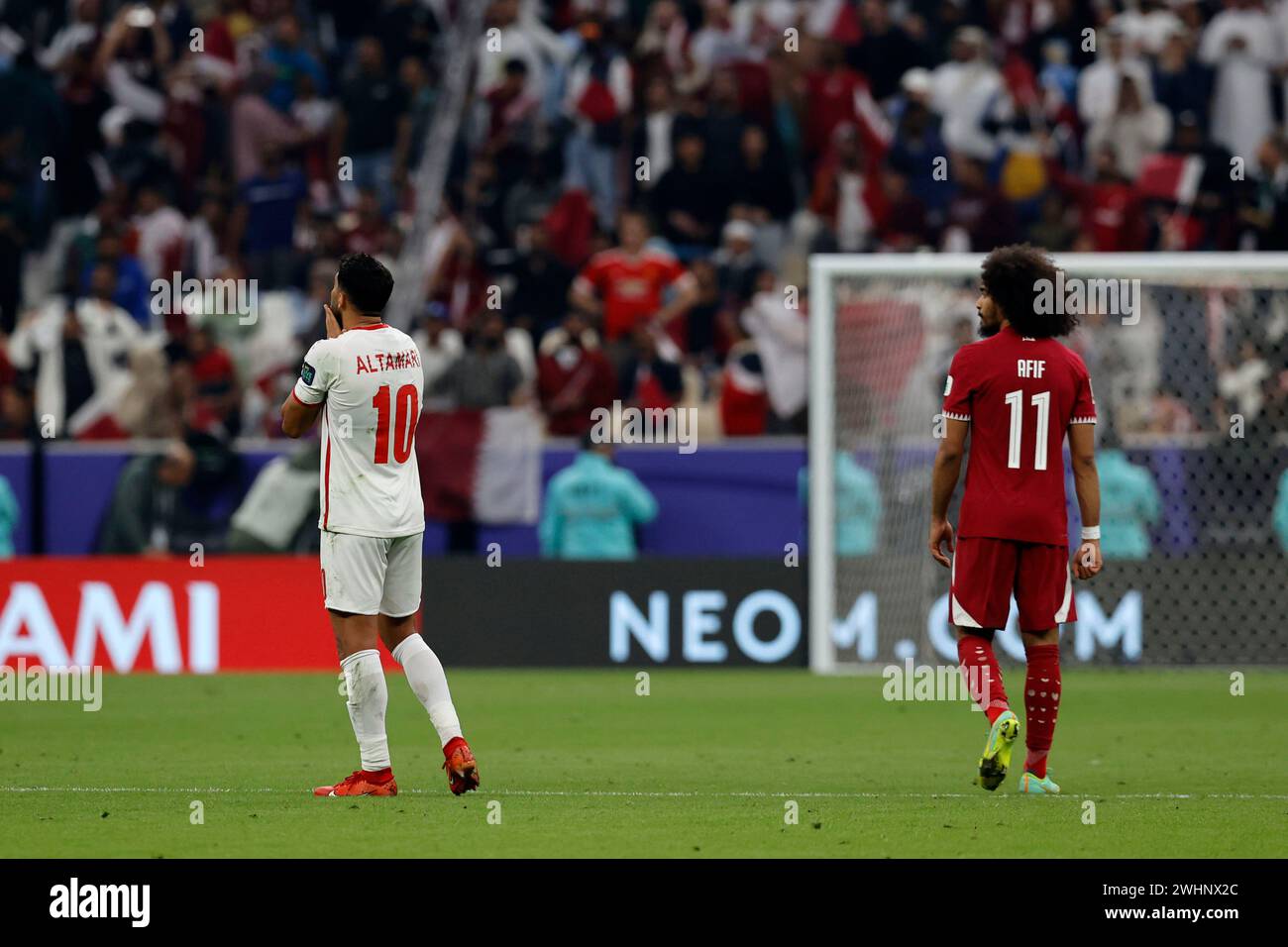 Lusail, Qatar. 10th Feb, 2024. Mousa Altamari (JOR), Akram Afif (QAT ...