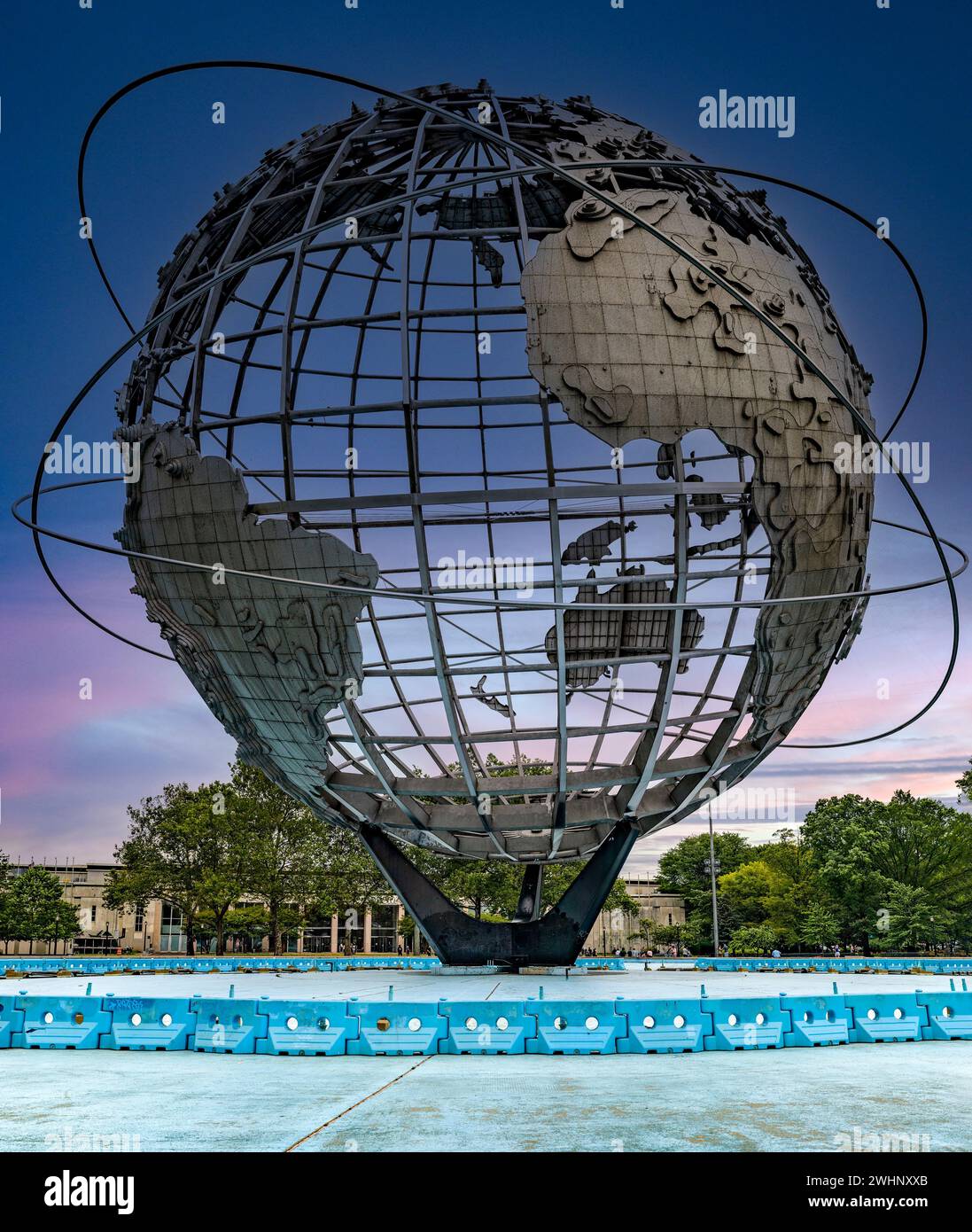 The Unisphere at dusk a metal structure representing the planet Earth ...