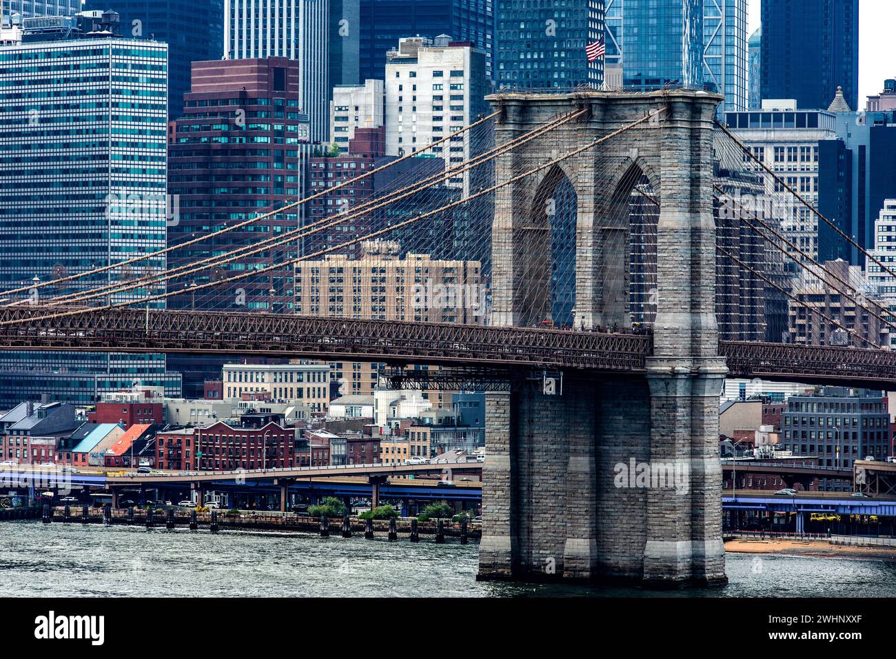 Brooklyn Bridge linking the boroughs of Manhattan and Brooklyn in New ...