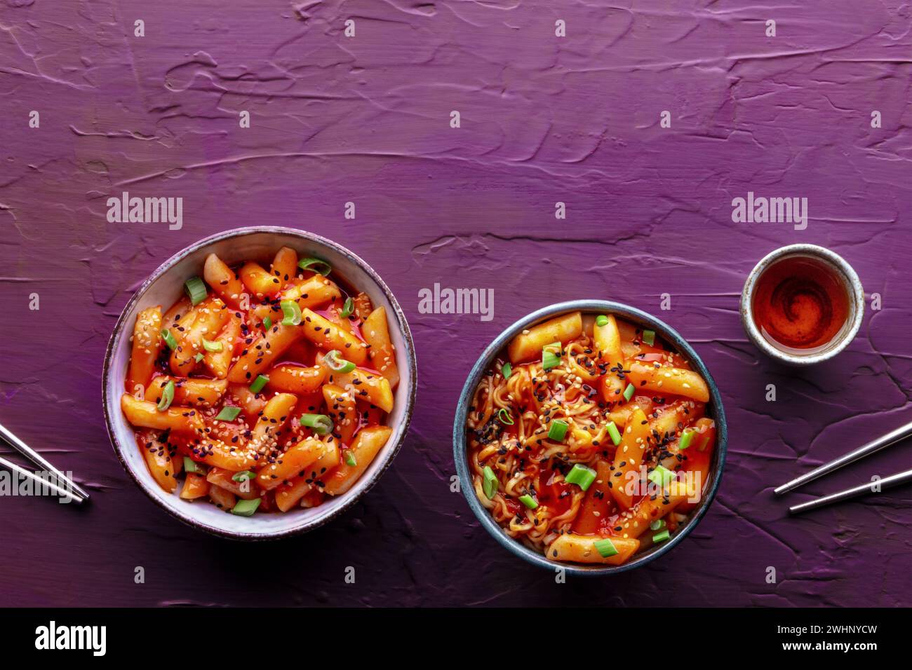 Tteokbokki or topokki and rabokki, Korean street food, spicy rice cakes ...