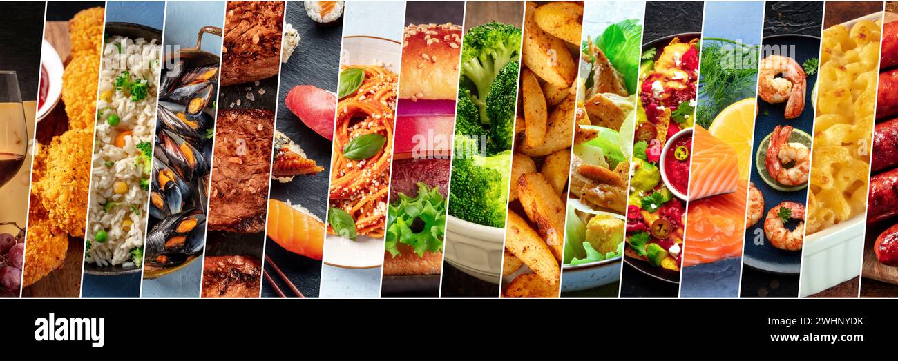 Food collage layout. A variety of dishes, a collection for a restaurant ...