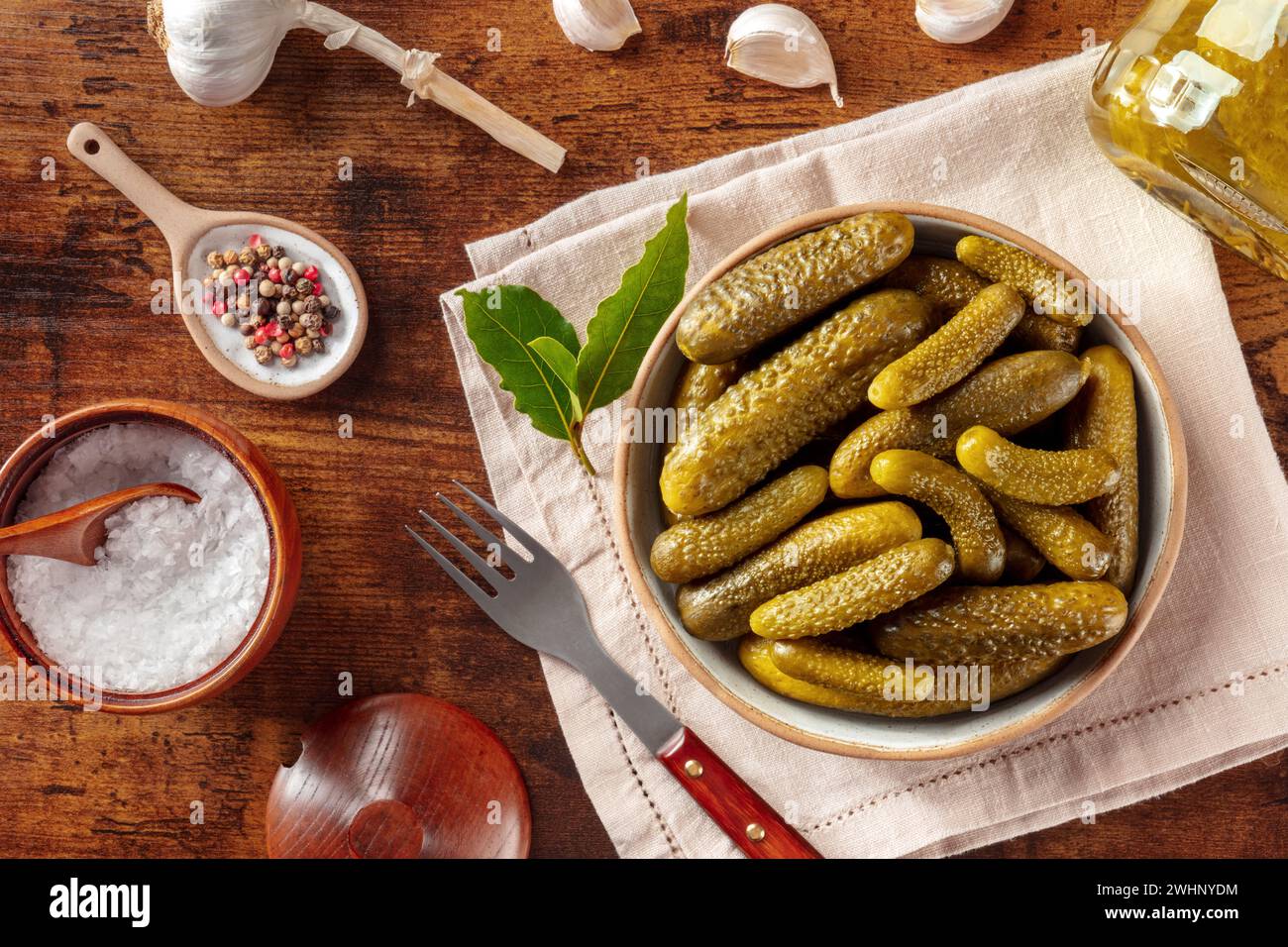 Pickled cucumbers with salt, pepper, and garlic. Fermented food Stock ...