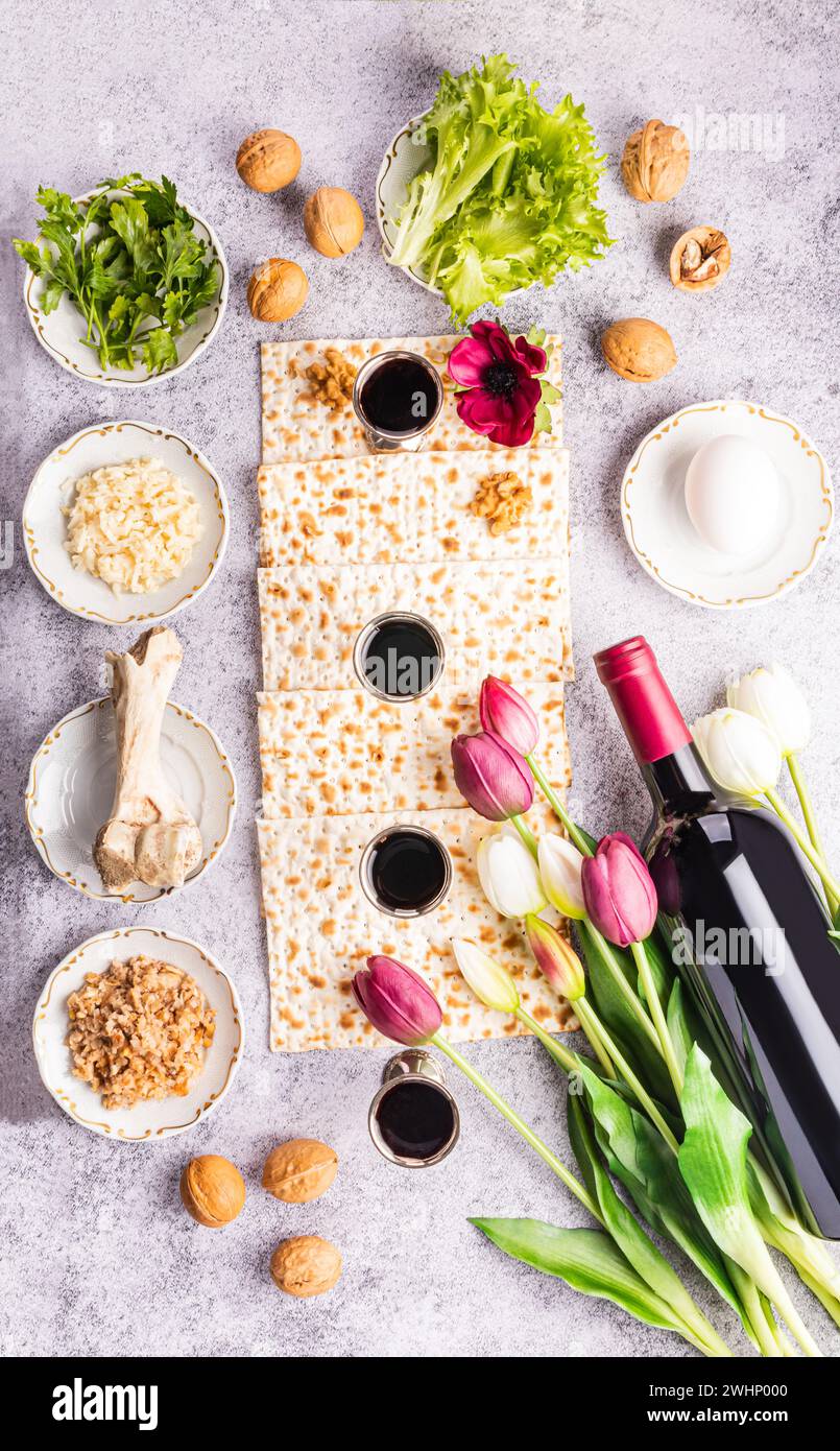 Flat layout of traditional products for the Jewish Passover holiday ...
