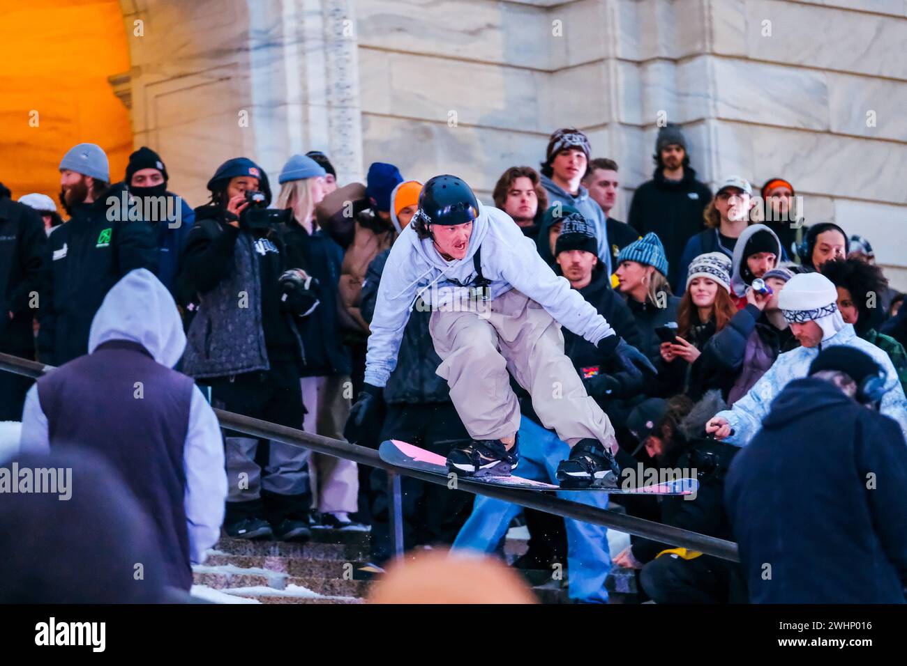 Minneapolis, Minnesota, USA. 10th Feb, 2024. GARRETT MCKENZIE (USA) rides the rail at Red Bull ...
