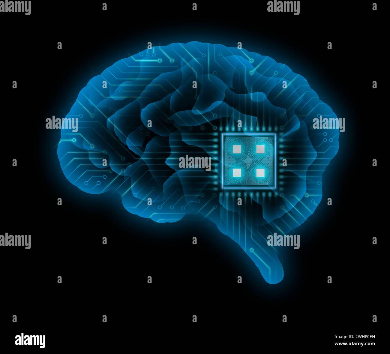 brain blue glow futuristic holographic design with microchip circuit inside, artificial ...