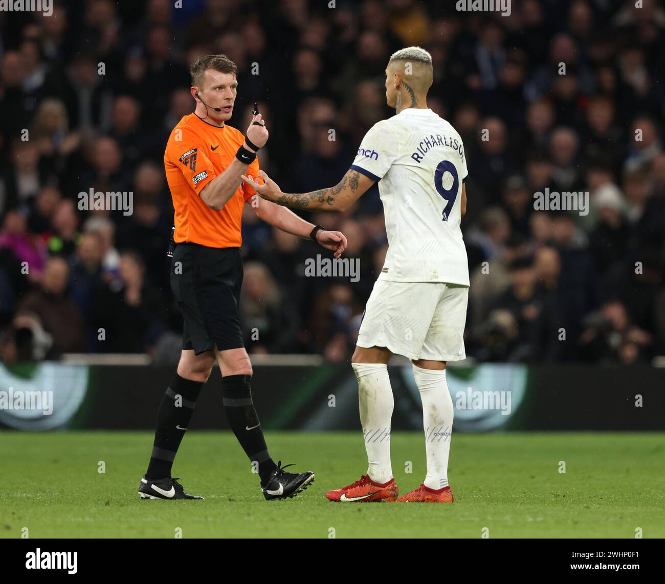 London, UK. 10th Feb, 2024. Referee Sam Barrot speaks to Richarlison ...
