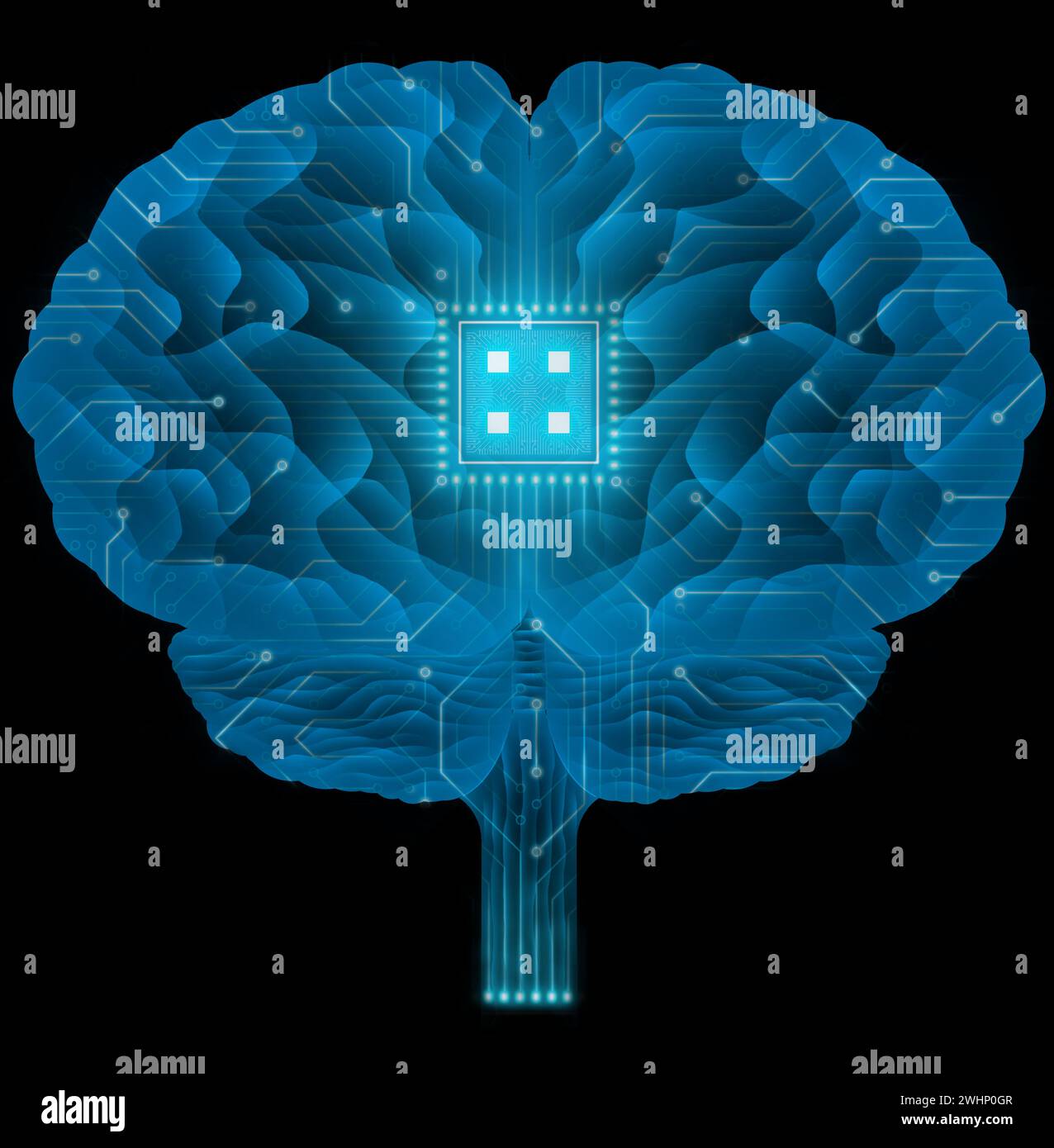 Human brain with chip inside with blue glow futuristic holographic Stock Photo - Alamy
