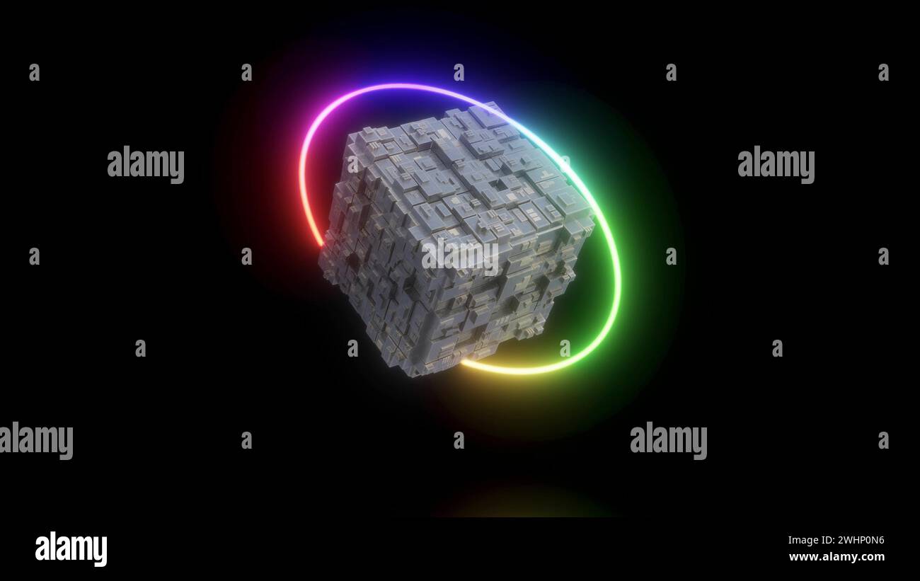 Neon light circle metal box intro 3d render Stock Photo - Alamy