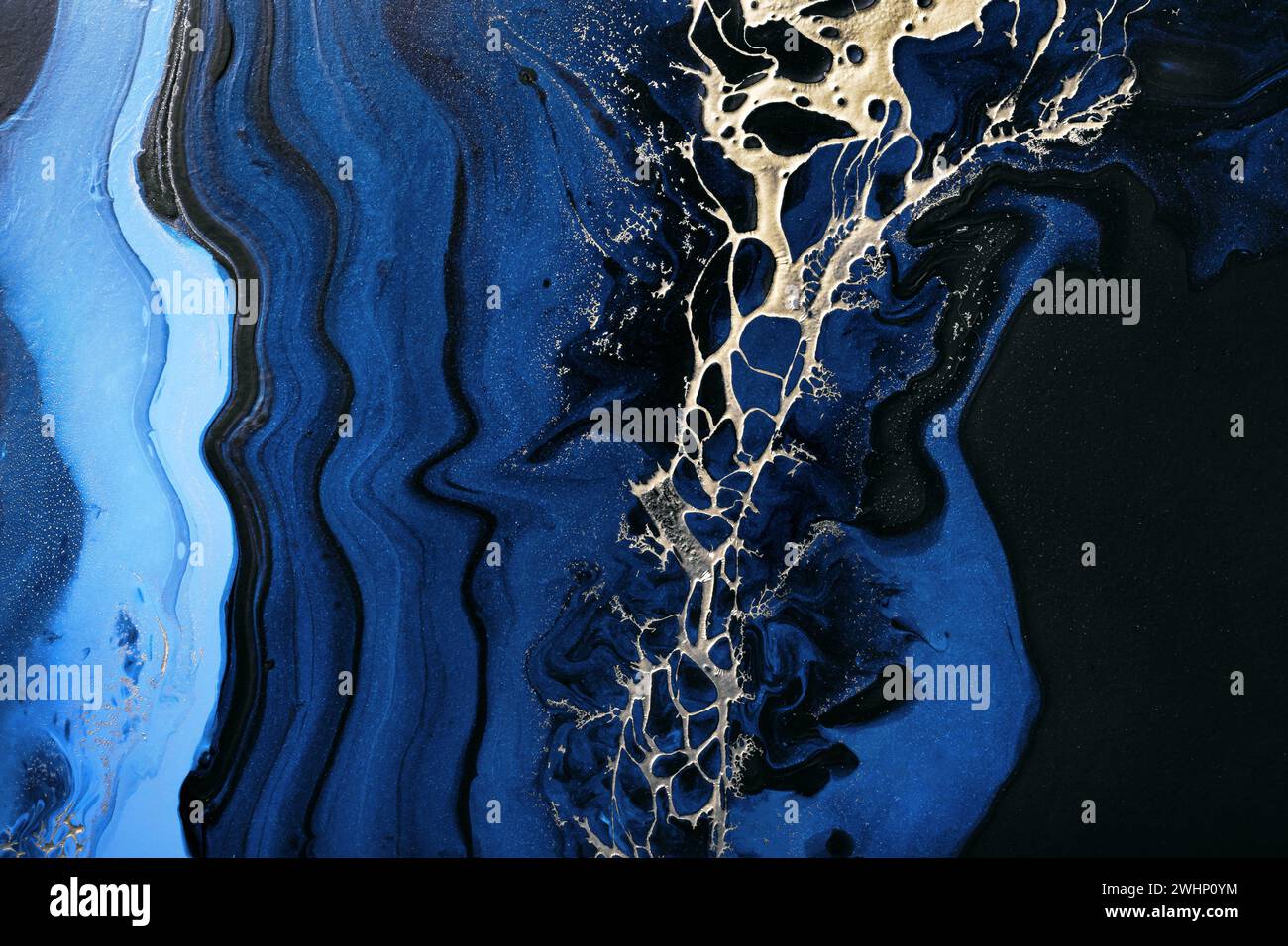 Dark blue waves in abstract ocean and golden inclusion. Liquid acrylic ...