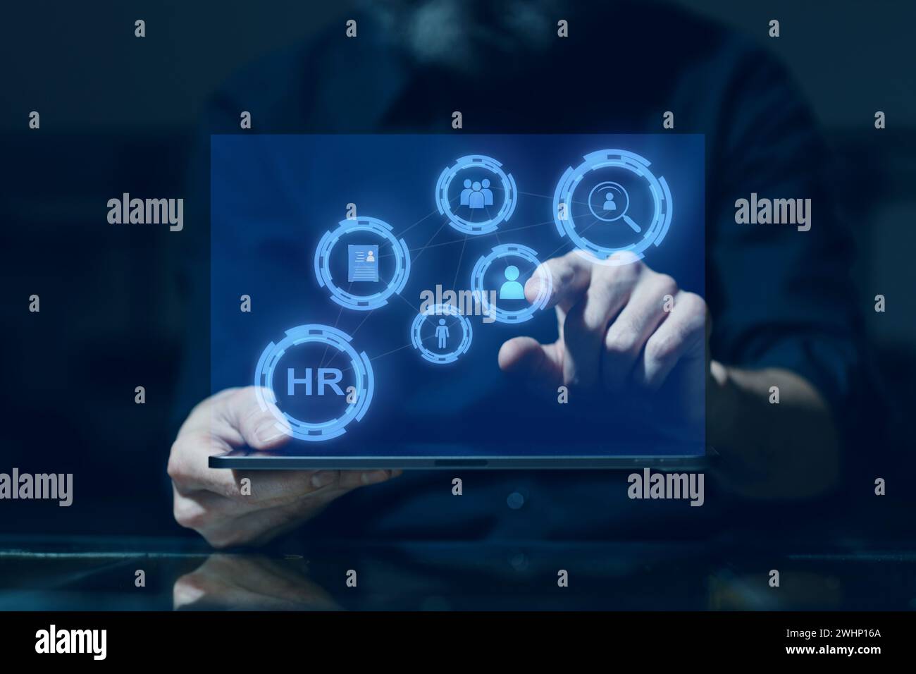 Human resources technology concept. HR manager male hands select ...