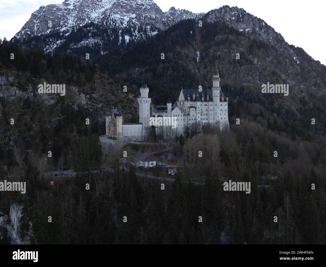 Aerial side view of the Neuschwanstein castle in Southern Germany Stock ...