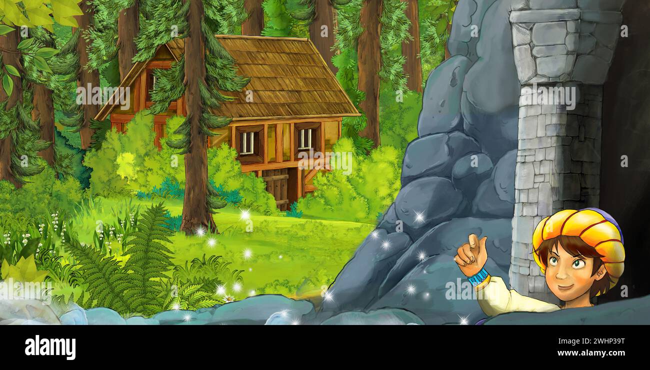 cartoon scene with young prince in the cave traveling and encountering ...