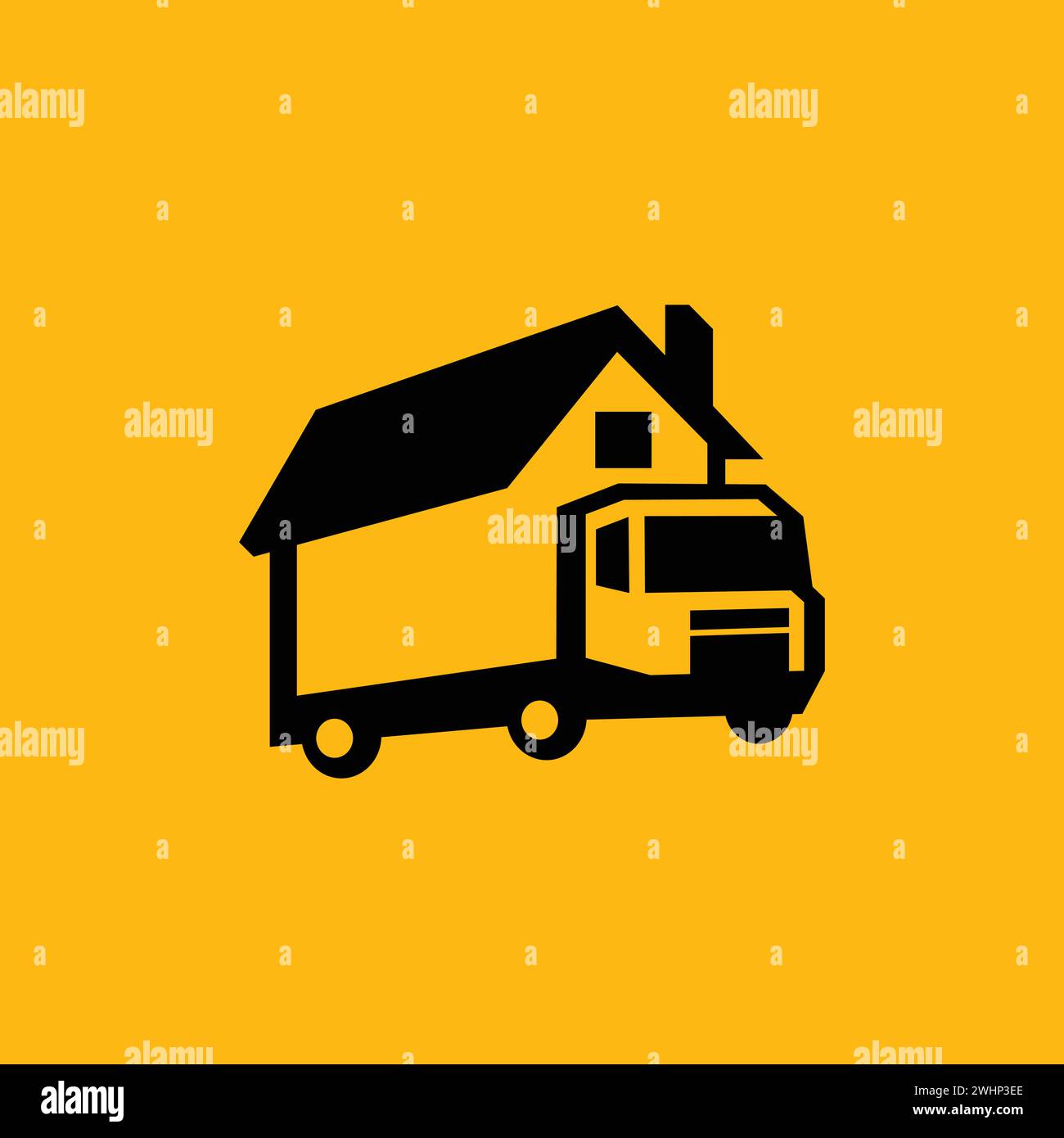 A logo featuring a truck moving at an angle and transporting a house ...