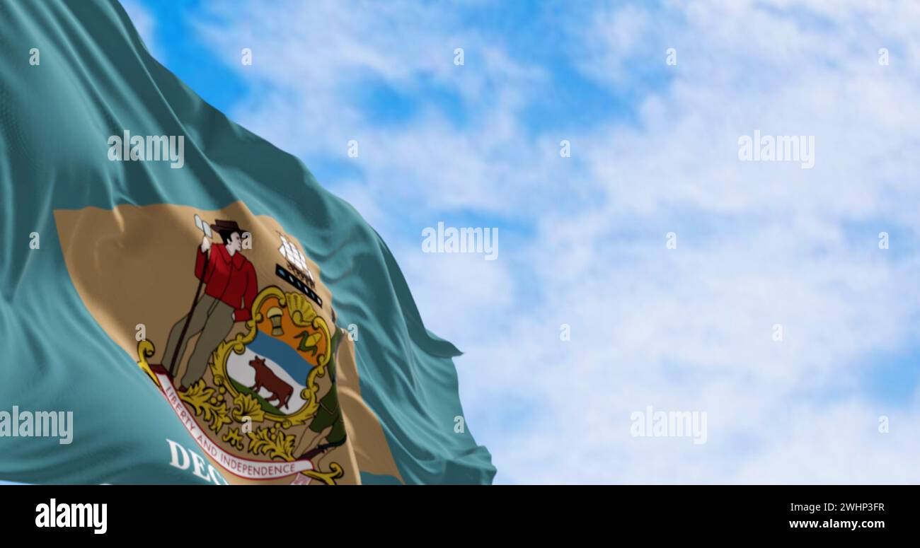 Delaware state flag waving on a clear day Stock Photo - Alamy