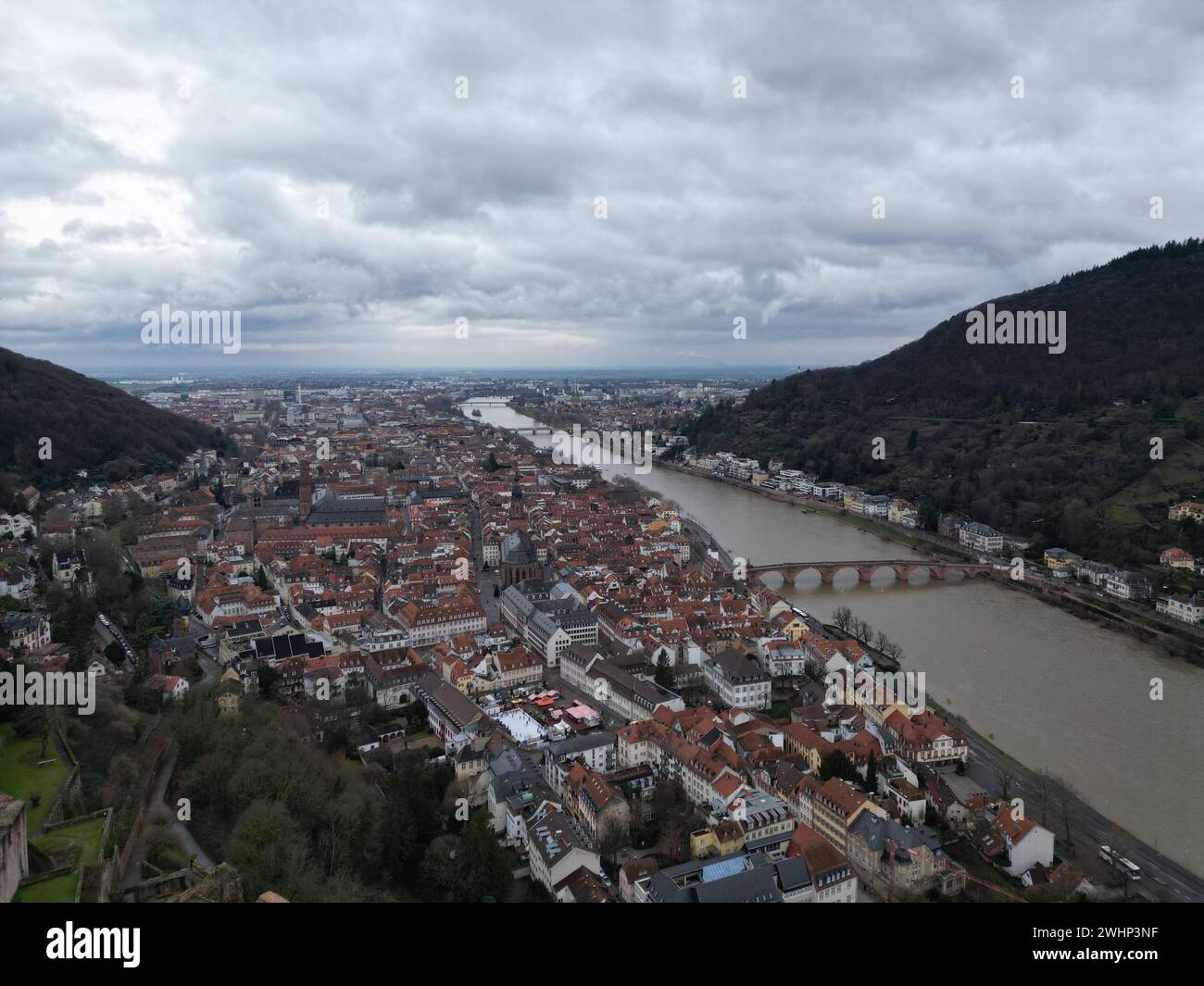 Aerial view of Heidelberg and the river running through taken by a ...