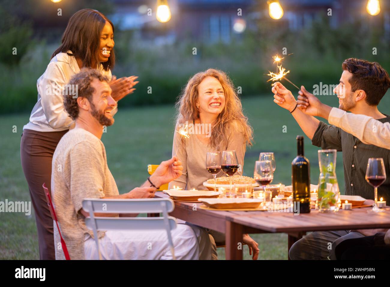 Birthday Bliss: Multiracial Friends Celebrate Under Garden Lights Stock ...