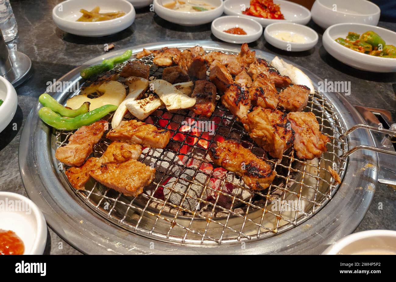 Korean BBQ Marinated Pork Ribs Grilled Over Charcoal Grill Stock Photo ...