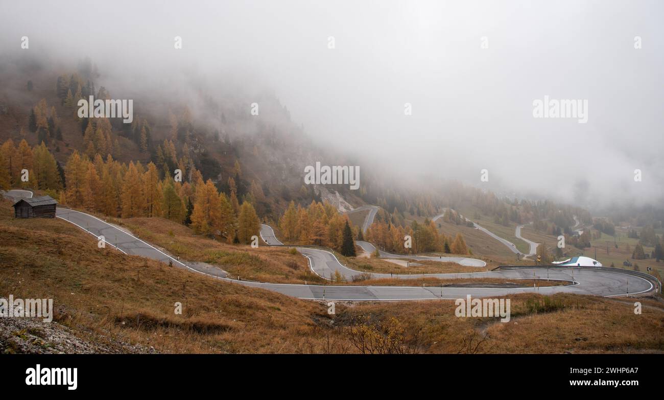 Autumn landscape in the forest. wooden log cabin at the valley. Yellow ...