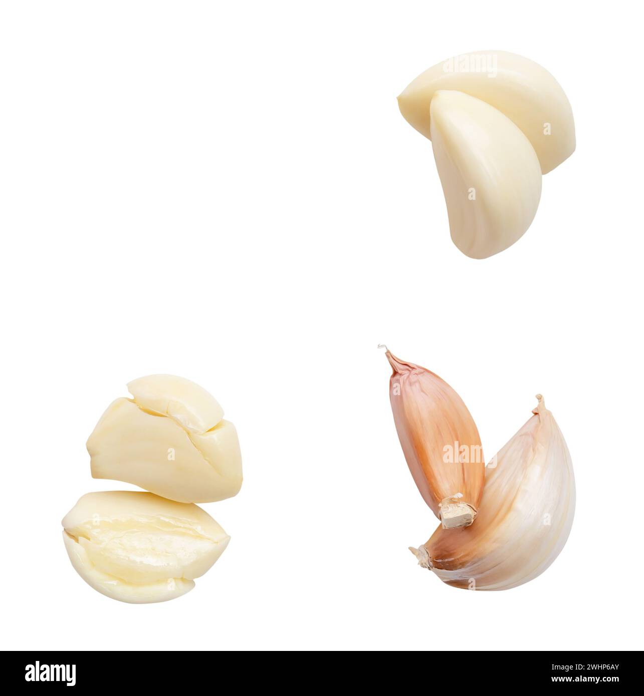 Top view set of fresh white pounded garlic cloves and slices are ...