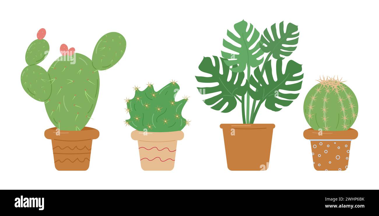 Set of decorative elements for interior design. Potted cacti and exotic ...
