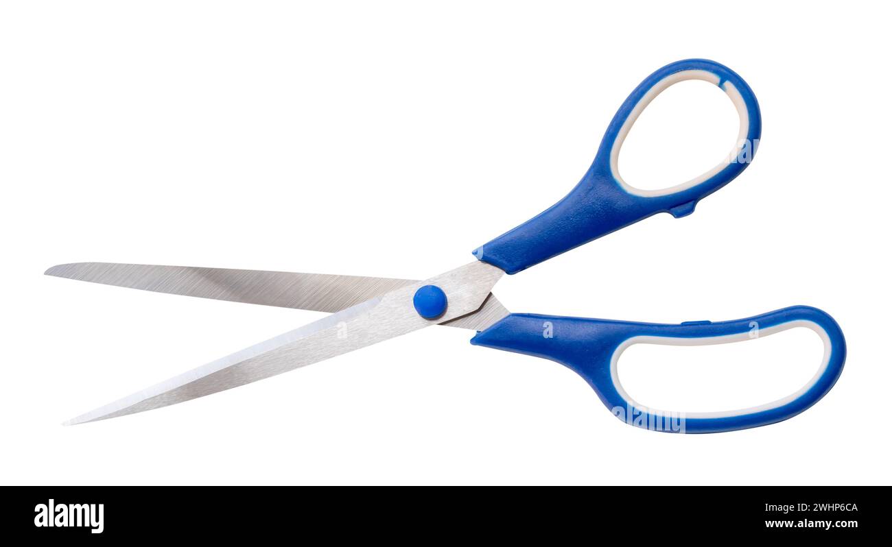 Top view of multipurpose scissors with blue handle is isolated on white ...