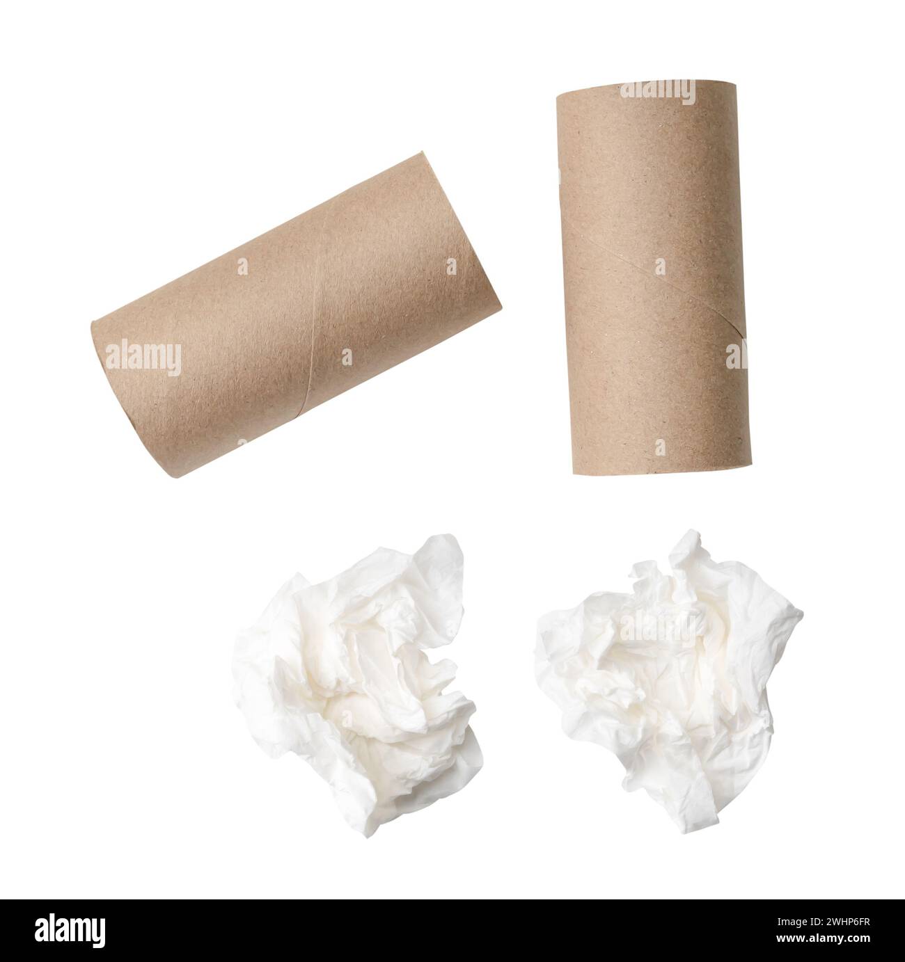 Top view set of screwed or crumpled tissue paper or napkin with cores ...