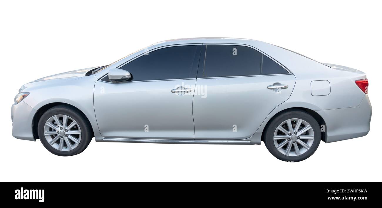 Side view of Bronze or white sedan car is isolated on white background ...