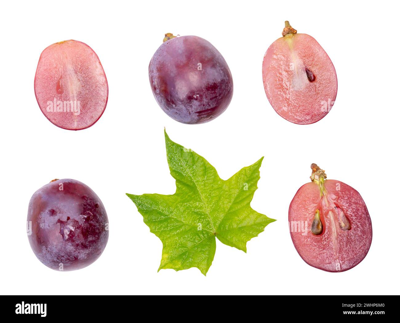 Top view set of red or violet grapes with halves and green leaf is ...