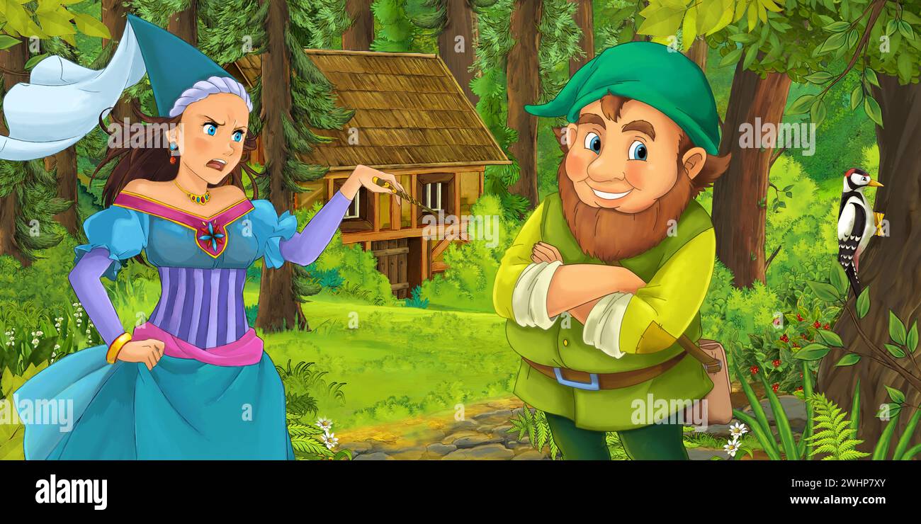 cartoon scene with happy dwarf traveling and encountering princess ...