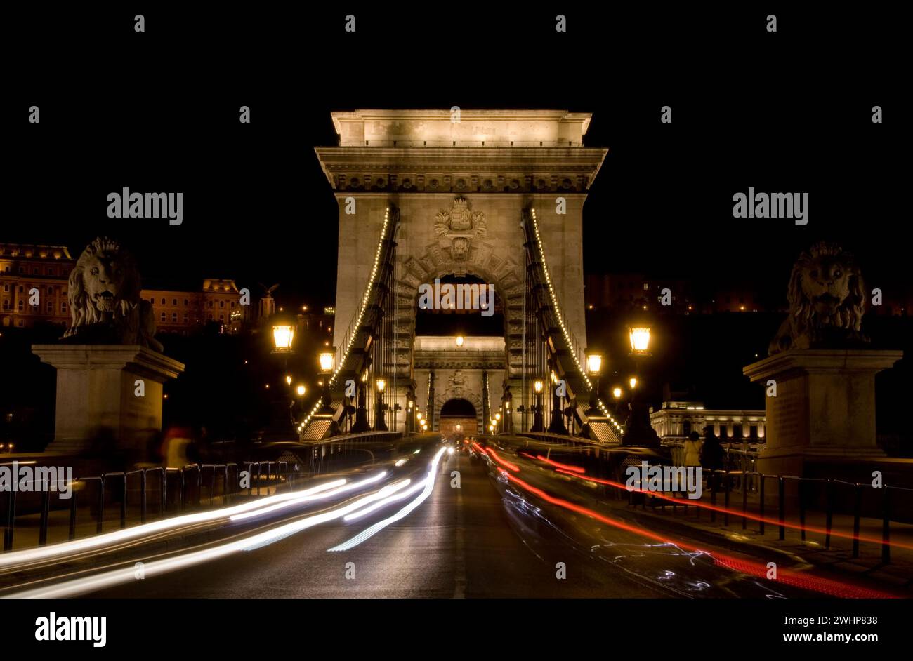 Royal Palace or the Buda Castle and the Chain Bridge after sunset in ...