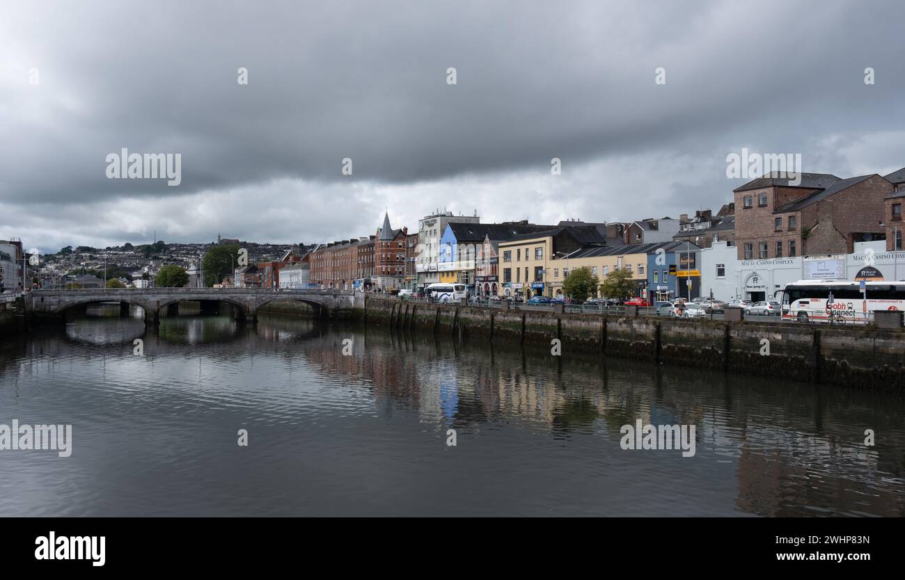 Urban cityscape of cork city river lee and Saint particks bridge ...