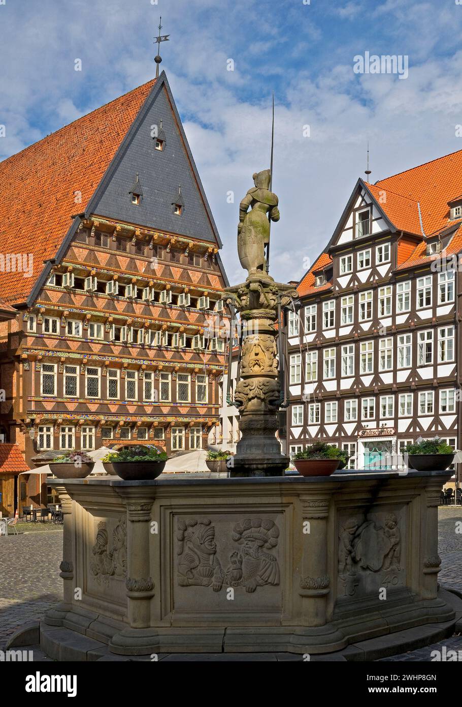 Historical market square with Roland fountain and bone carver office ...