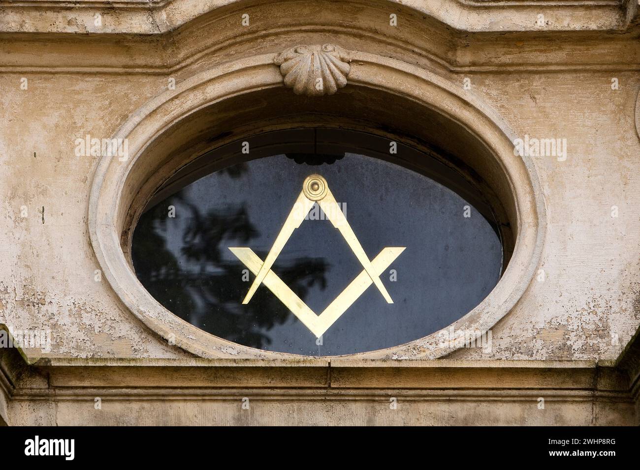 Detailed view with compass and square, lodge house of the Freemasons ...