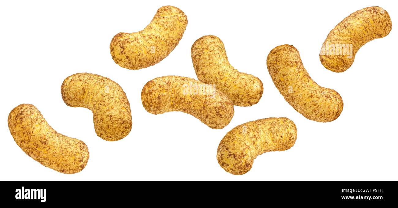 Falling corn sticks in chocolate powder isolated on white background ...