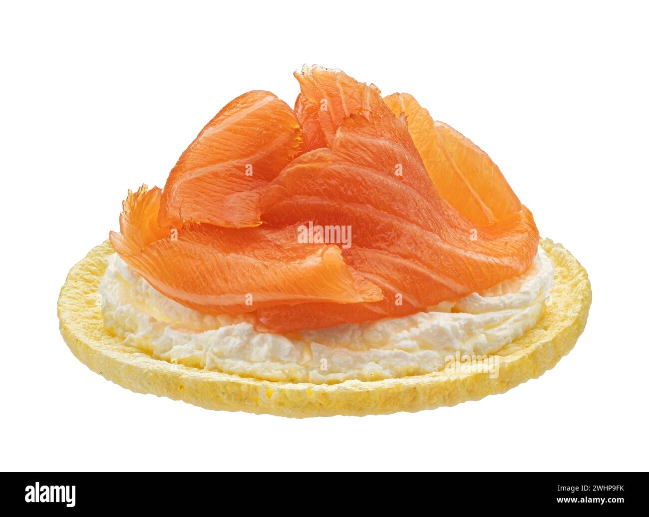 Puffed corn cake with salmon slices isolated on white background Stock ...