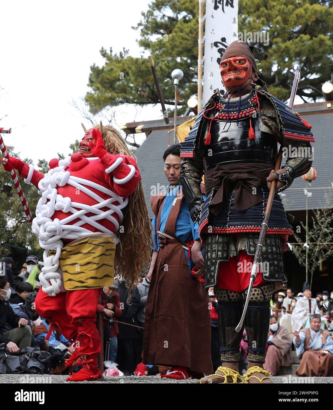 Aka-oni, a red demon (L) and Tengu (long-nosed goblin)" walk on the ...