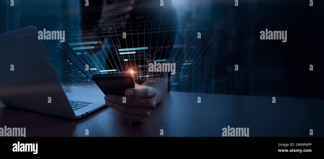 Project manager working with Ai management update tasks with milestones ...