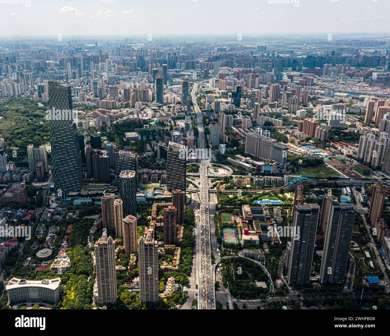 An aerial view of the central urban area under the Wuhan skyline, China ...