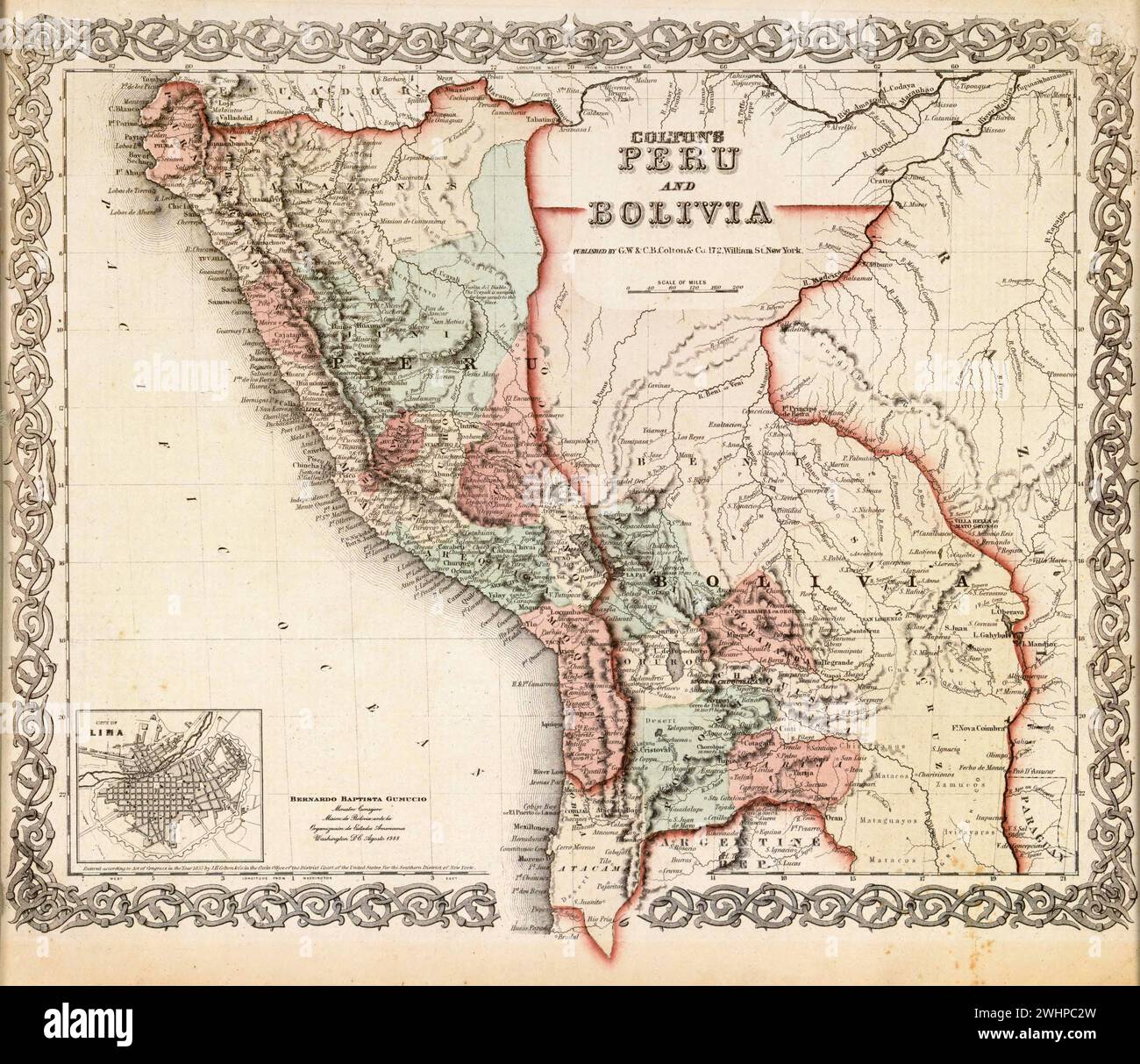 1855. Map of Peru and Bolivia shows topographical features, cities ...