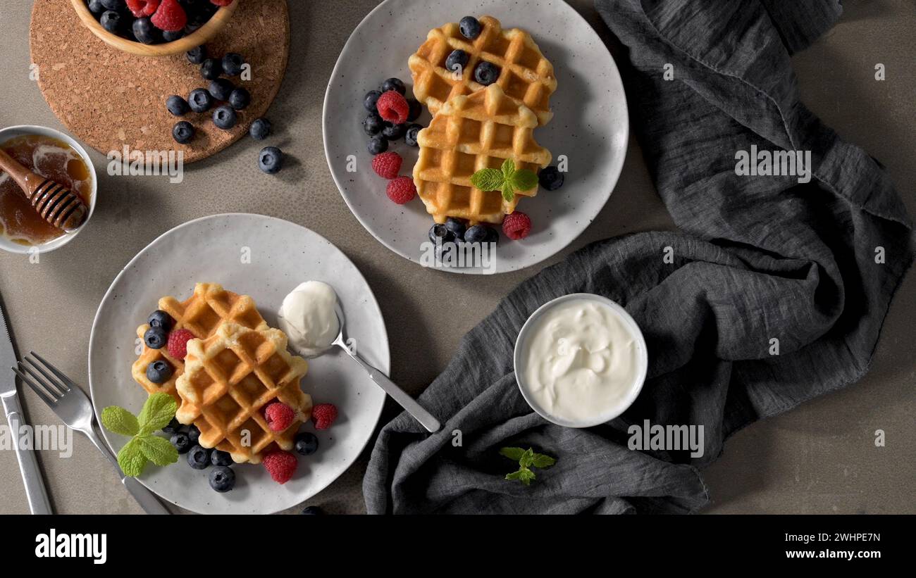 Sweet Homemade Berry Belgian Waffle Stock Photo - Alamy
