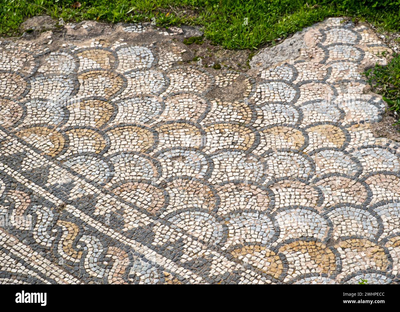 Fragments of ancient mosaics from an old church lie preserved in the ...