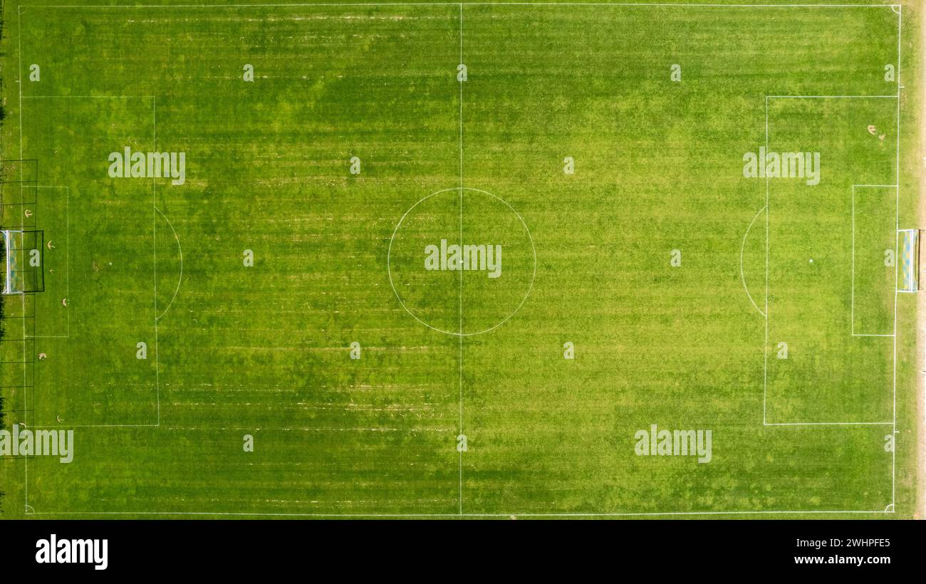 Top view stripe grass soccer field. Green lawn with white lines pattern ...