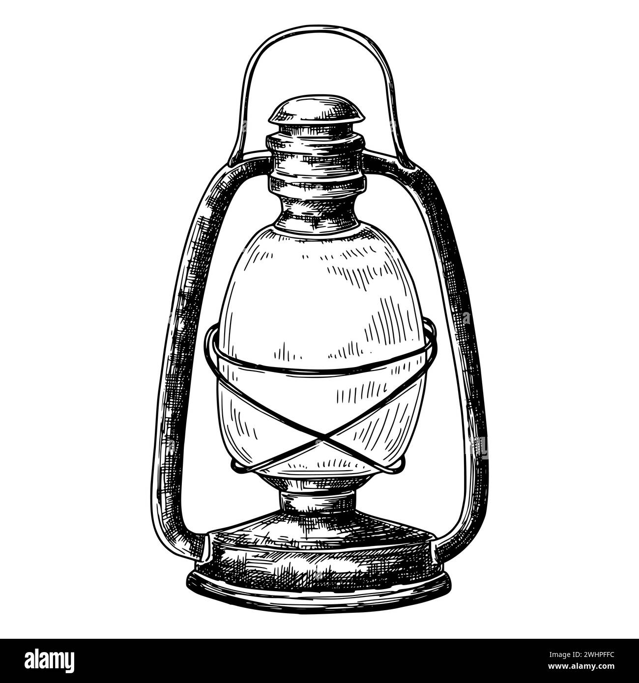 Vintage hand drawn old oil lantern isolated on white background, pen ...