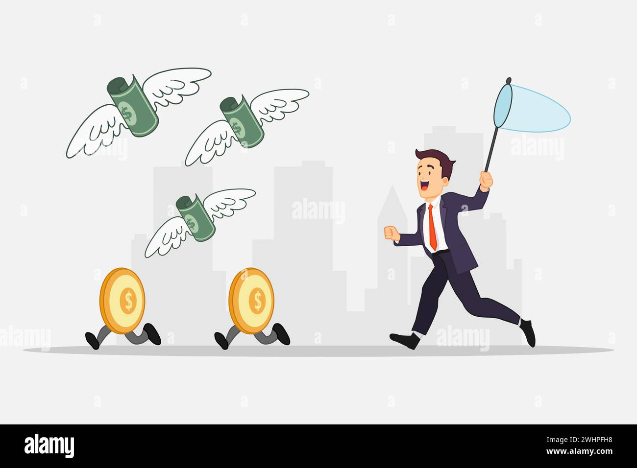 Businessman trying to catch the money. Money with wings and Coin with ... Businessman trying to catch the money. Money with wings and Coin with ...