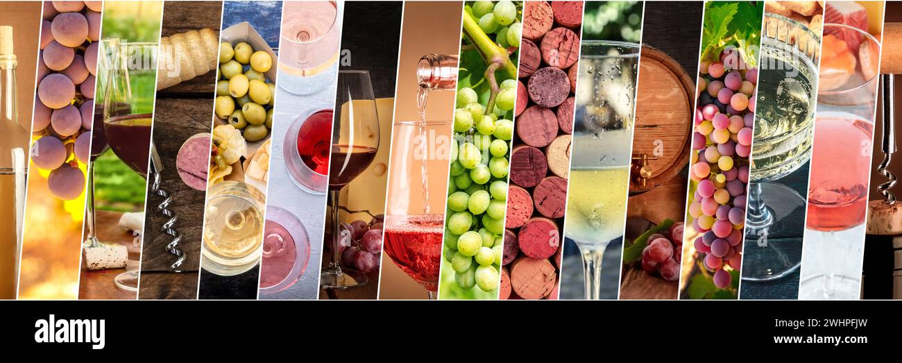 Wine collage. Wine glasses and grapes, a drinks layout for a restaurant ...