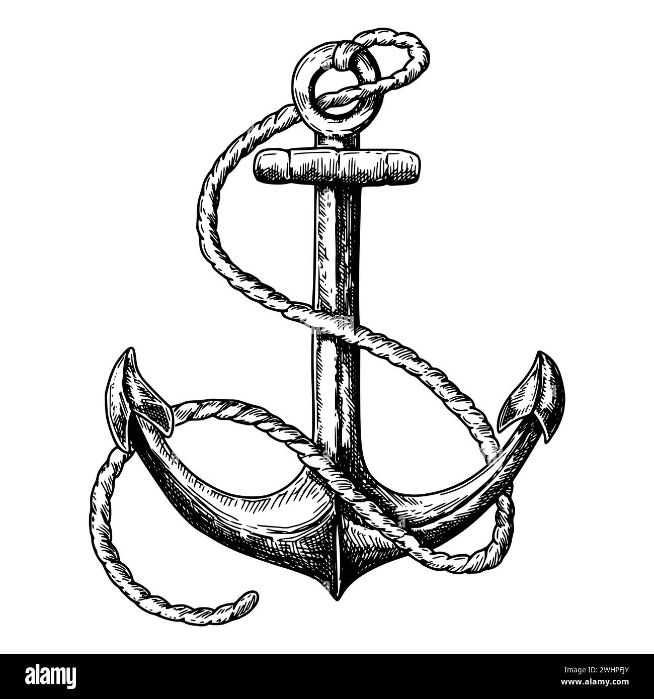 Vintage hand drawn anchor isolated on white background, pen and ink ...