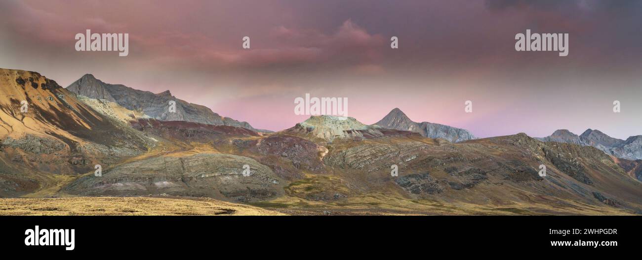 Hiking in the fantastic landscape of the Peruvian high mountain Andes ...