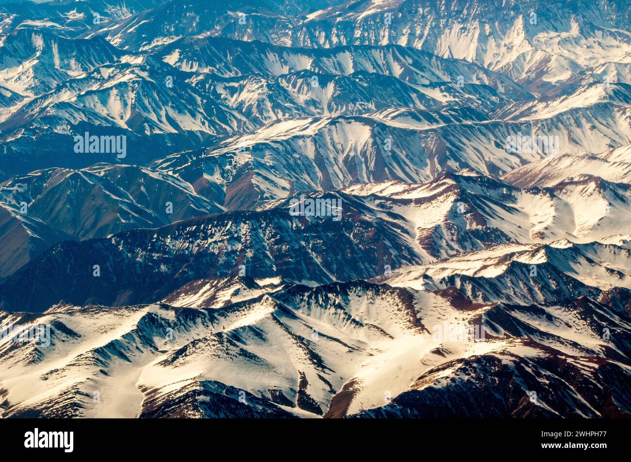 Aerial view of the Andean Cordillera, flying south from Arica, northern ...