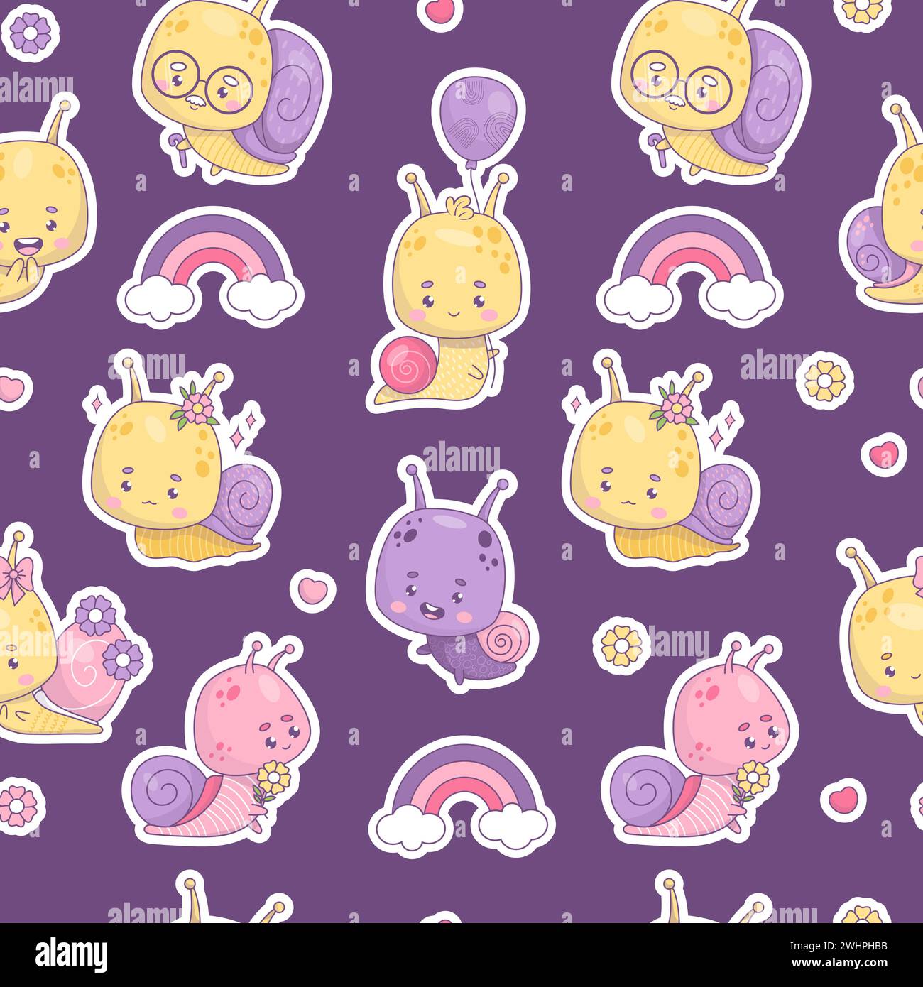 Seamless pattern with funny cute snail characters stickers on purple background. Kawaii insects ...