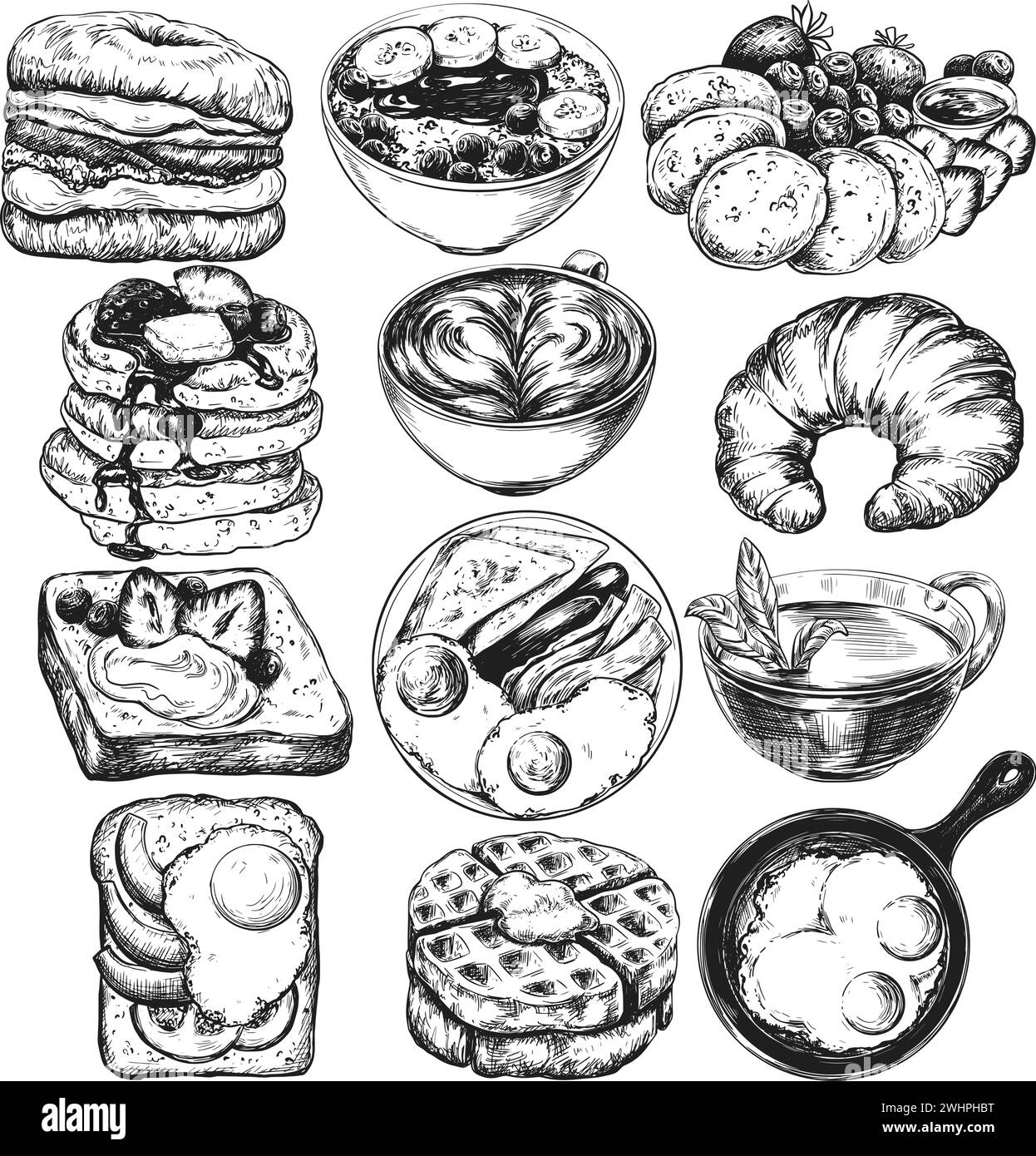 Sketch ink graphic breakfast set illustration, draft silhouette drawing ...